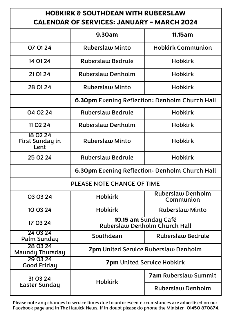 Calendar of Services - Hobkirk and Southdean